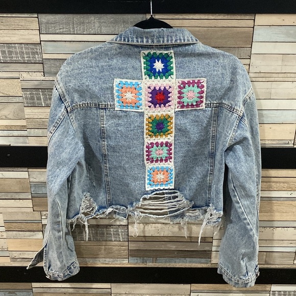 Jackets & Coats | Blue Upcycled Distressed Denim Jacket Wgranny Square ...